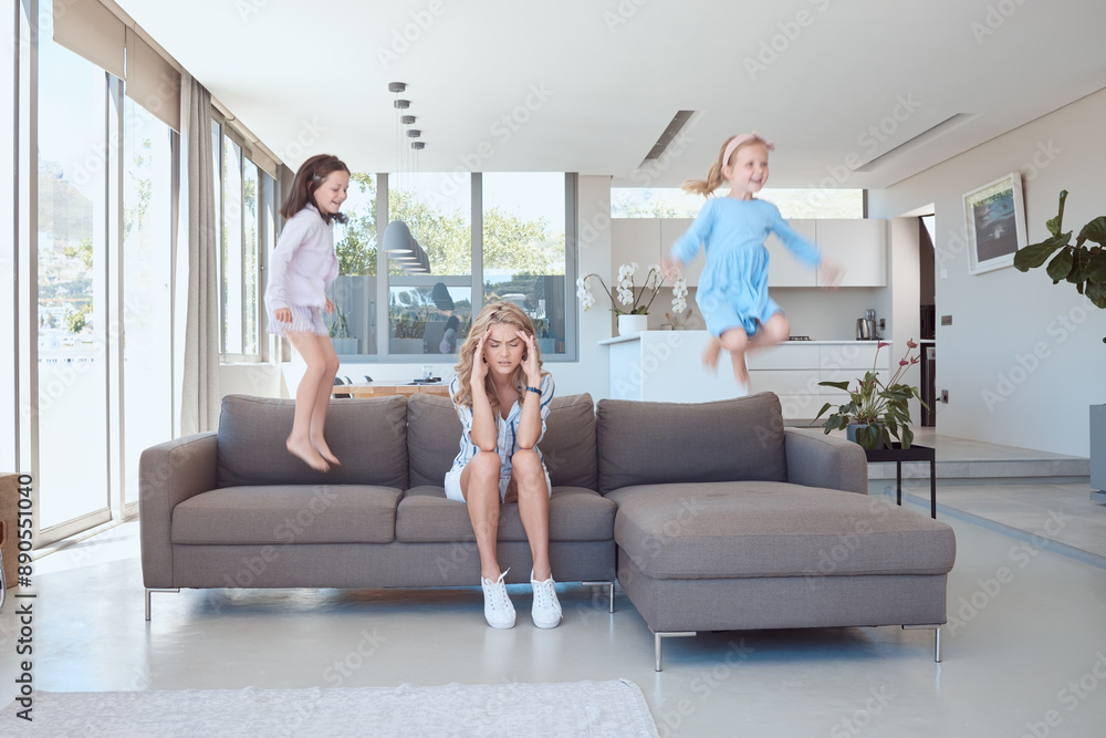 Mother, headache and children running in home with chaos, stress and ...