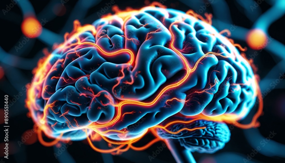 detailed close-up of the human brain with bright neural pathways ...