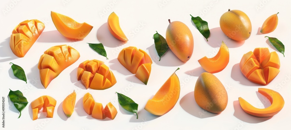 Various views of mangoes, sliced halved group cut, isolated on ...