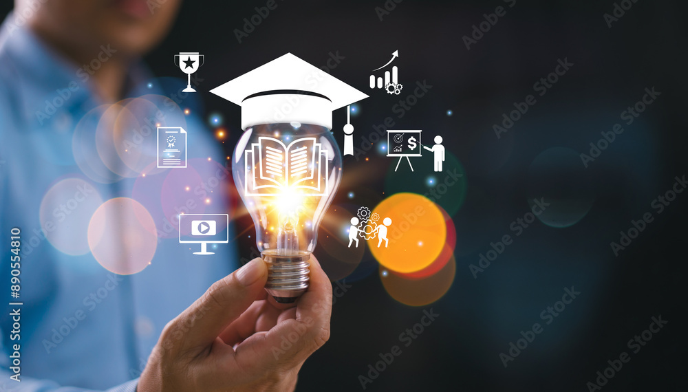 Education knowledge, Elearning graduate certificate program concept. Man hold book icon in ...