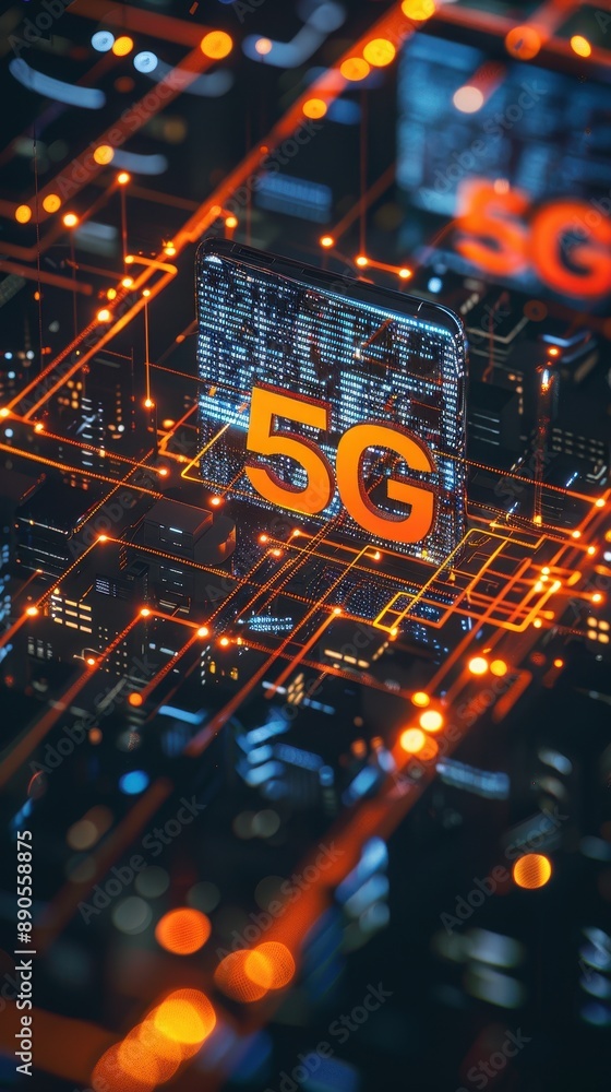 High-tech 5G network technology concept with glowing lights and ...
