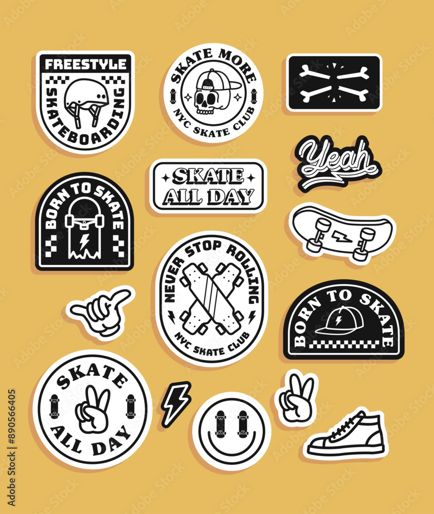 Set of vector skateboard badges, including lightning, peace hand sign ...