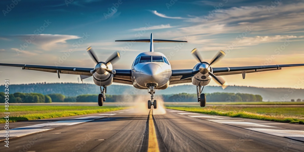 Propeller plane accelerating on runway for takeoff, transportation ...