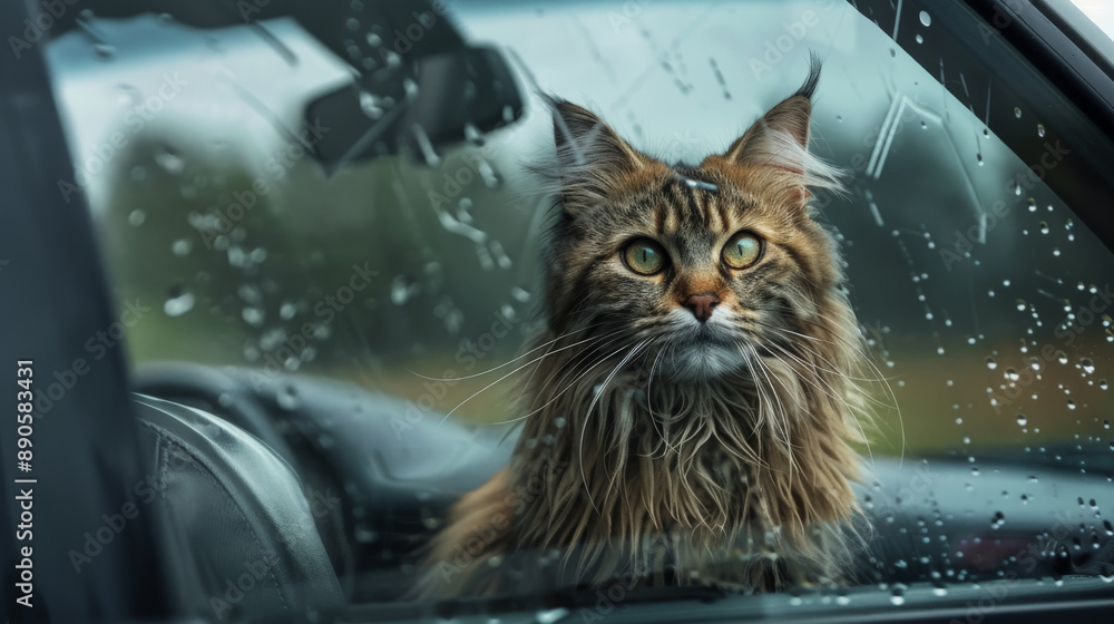 A heartbroken Maine Coon cat sits in the passenger seat of a closed car ...