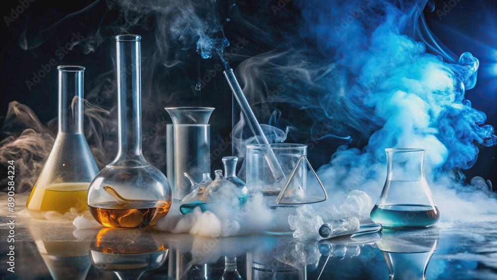 Failed chemical experiment with spilled liquid, shattered glassware ...