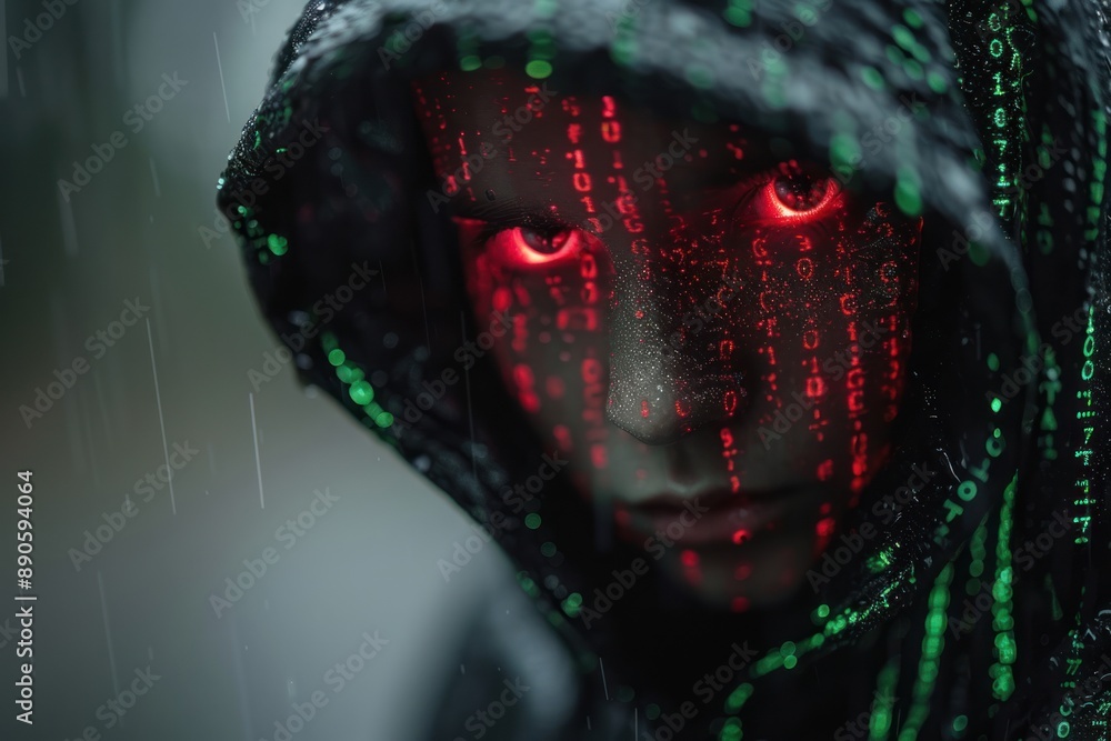 Anonymous binary code hacker under the jacket hood with face in shape code glowing isolated ...