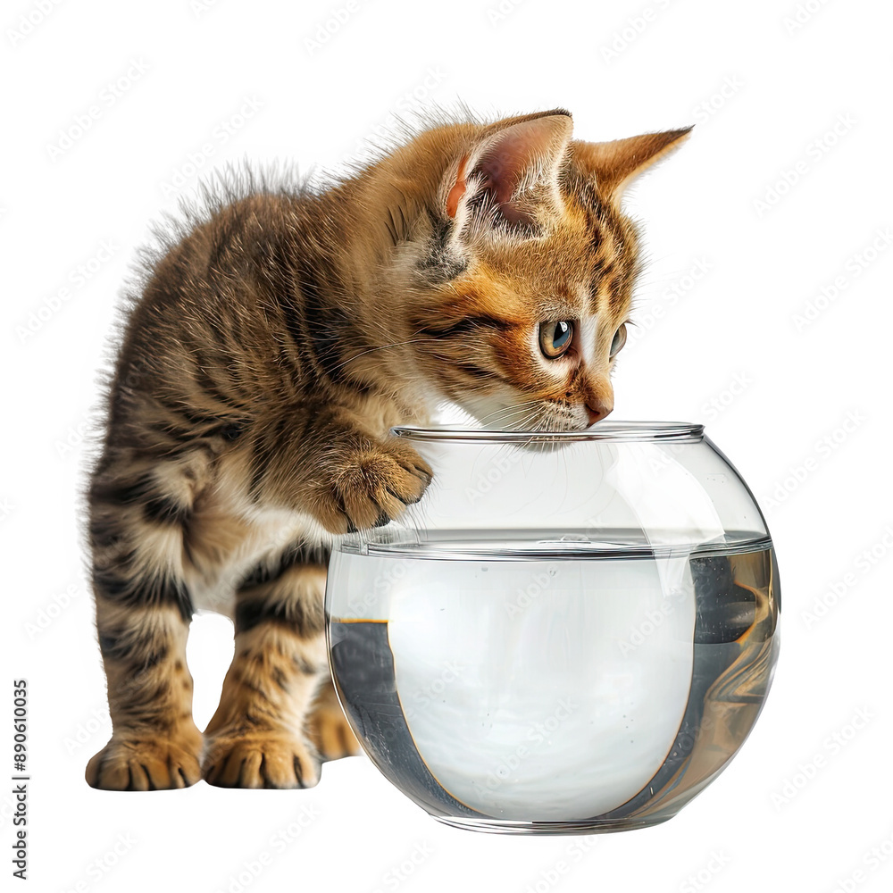 A 3D curious cat, investigating a fishbowl with wide eyes and a tilted ...