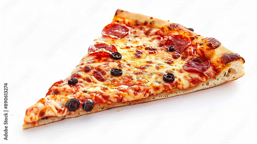 A slice of pepperoni pizza with melted cheese, pepperoni slices, and ...