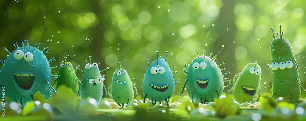 Cute, animated bacteria characters with happy expressions, standing in ...