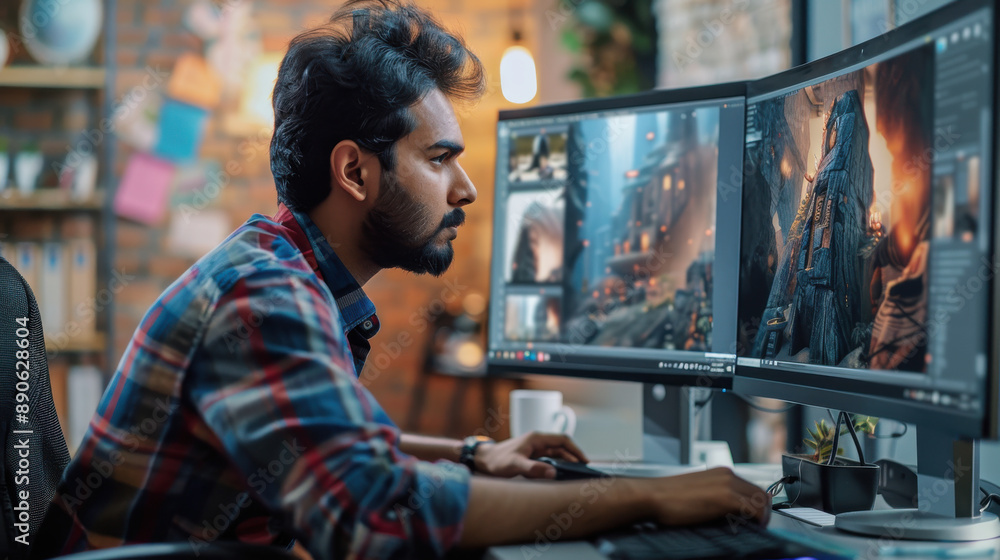 An Indian male game designer utilizing advanced 3D software on his ...