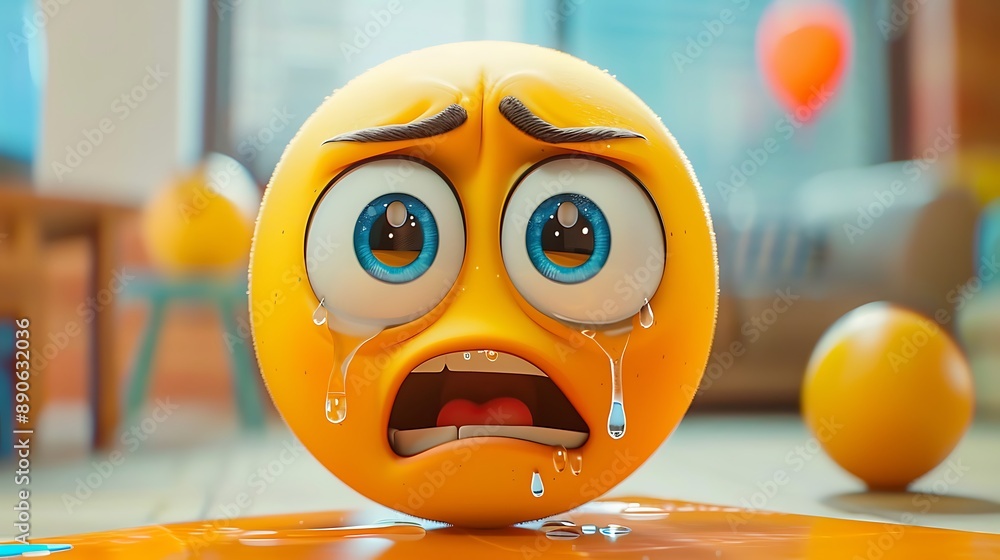 Produce an image of a crying emoji with tears streaming down its face ...