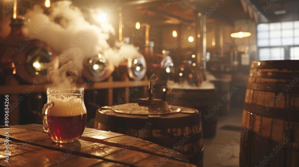 A rustic brewery scene with wooden barrels and copper kettles, steam ...