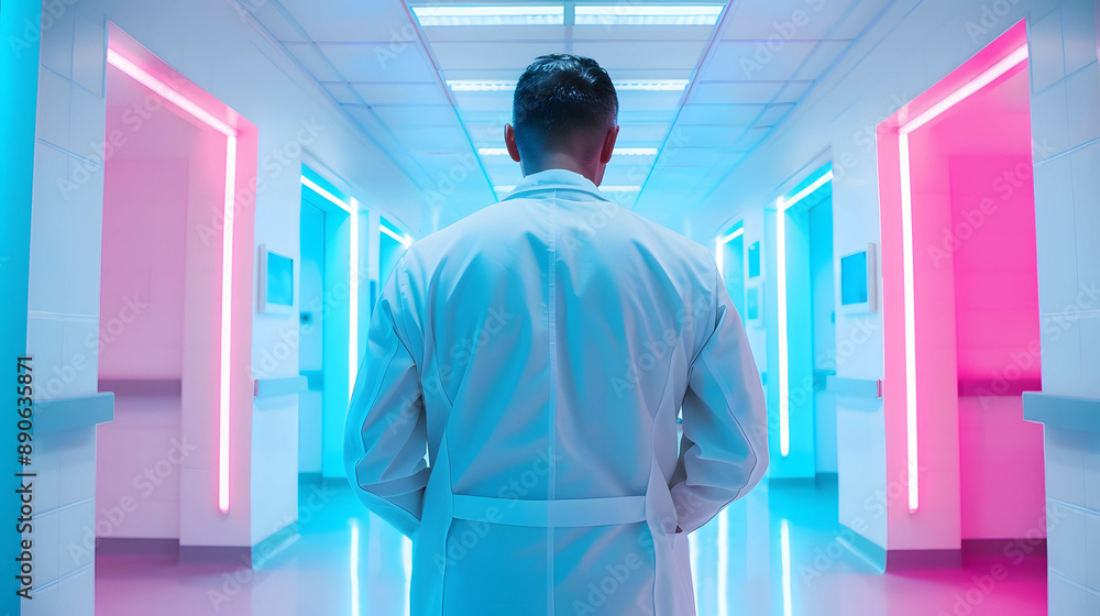 Backview of a doctor in a white coat, looking at patient charts in a ...