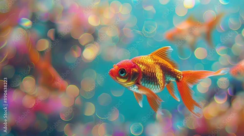 A striking goldfish with bright fins swims in an engaging underwater ...