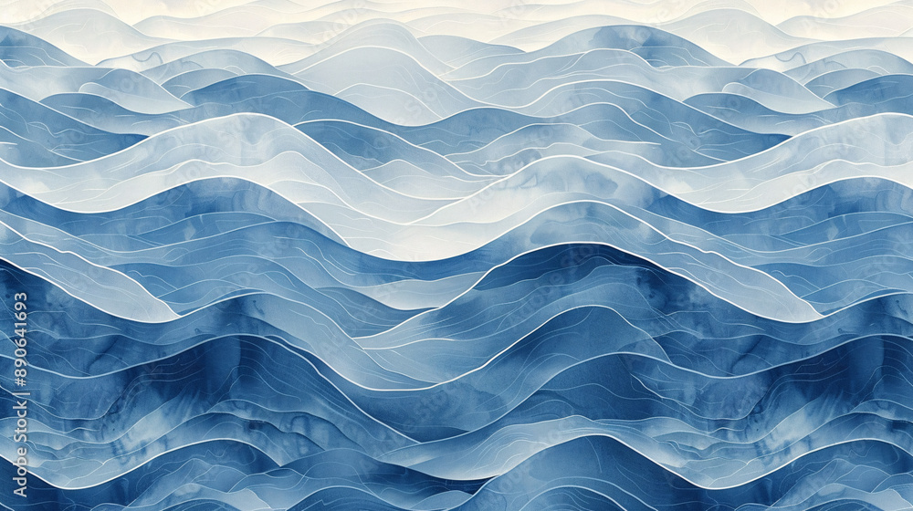 A seamless waves pattern wallpaper in soft blue tones, creating a calming effect with ample copy ...
