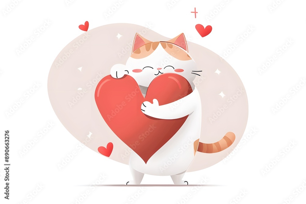 Cartoon cat hugging a big red heart with smaller hearts, symbolizing ...