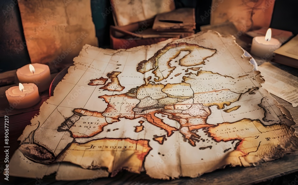Medieval Map with Candlelight: An evocative photograph of a tattered ...