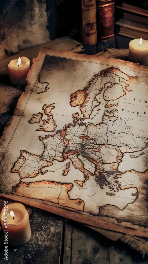 Medieval Map with Candlelight: An evocative photograph of a tattered ...
