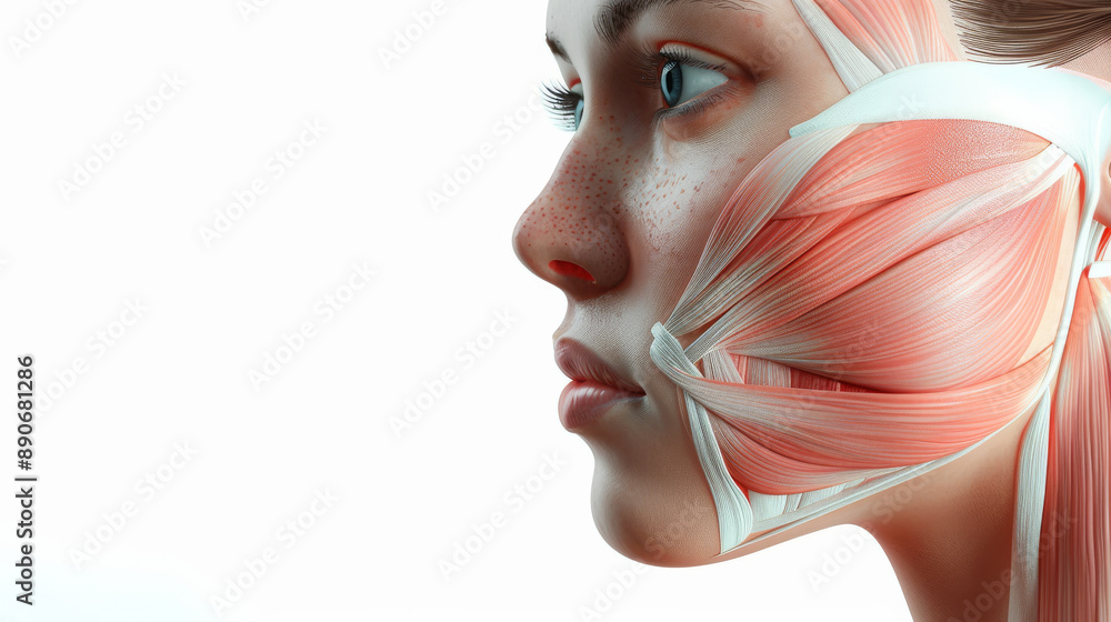 Anatomical side profile of a woman's head, highlighting muscles and ...
