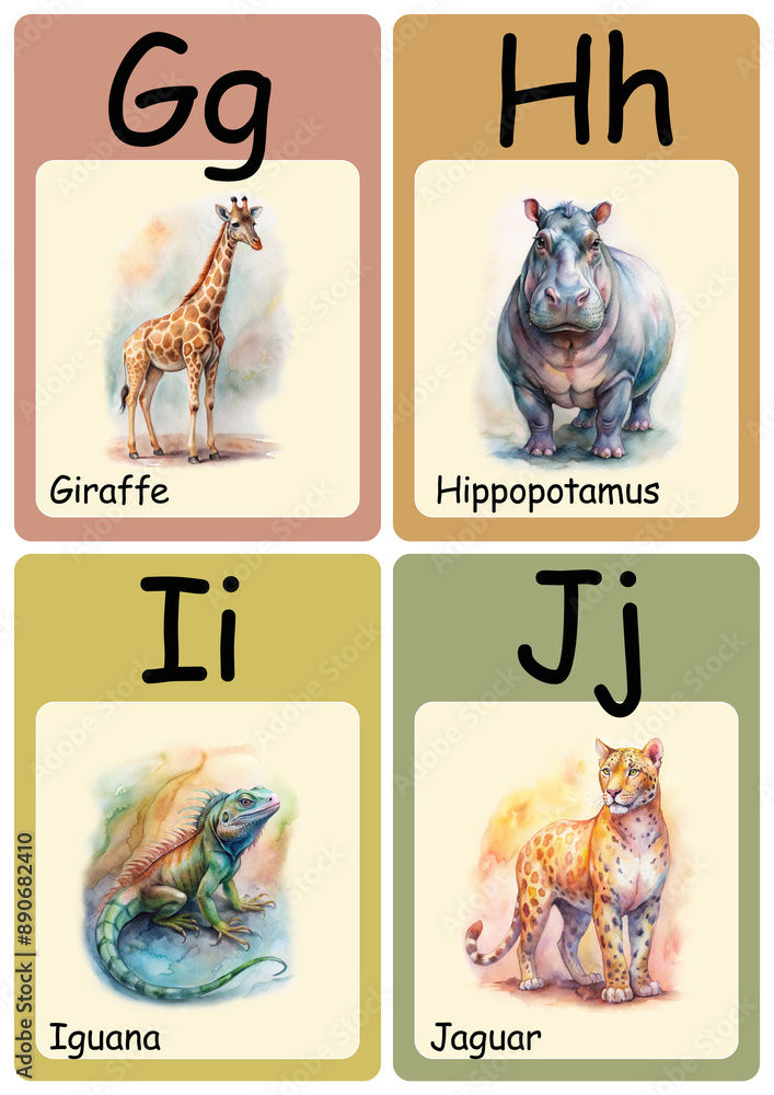 English alphabet with animals, English alphabet cards in pastel colors ...
