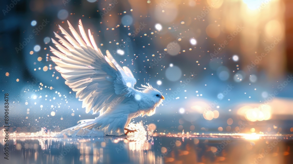 A frozen phoenix, its wings outstretched, its feathers shimmering with ...