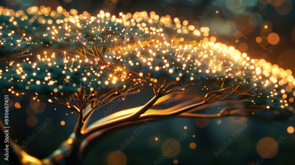 A surreal landscape where trees are composed of ethereal light, their ...