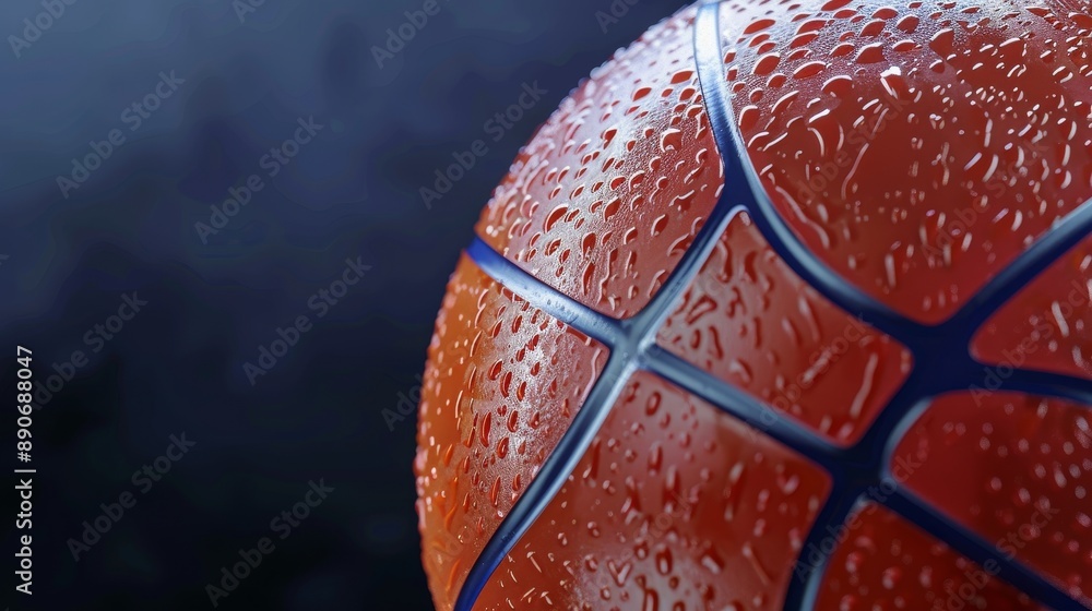 This image shows a close-up view of a basketball covered in water ...