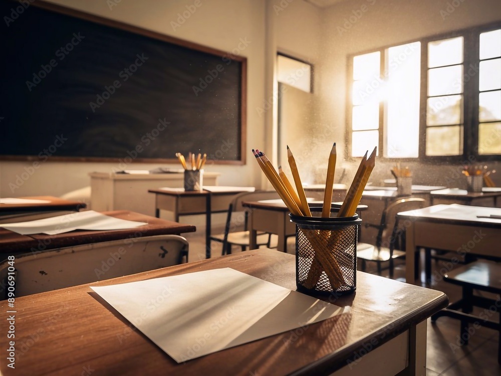 empty school classroom and blackboard, clean white sheets and pencils ...