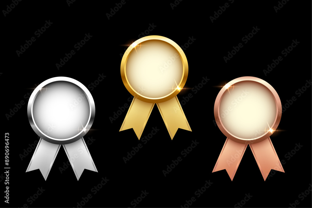Medals for first, second, third place with ribbons. Gold, silver and ...