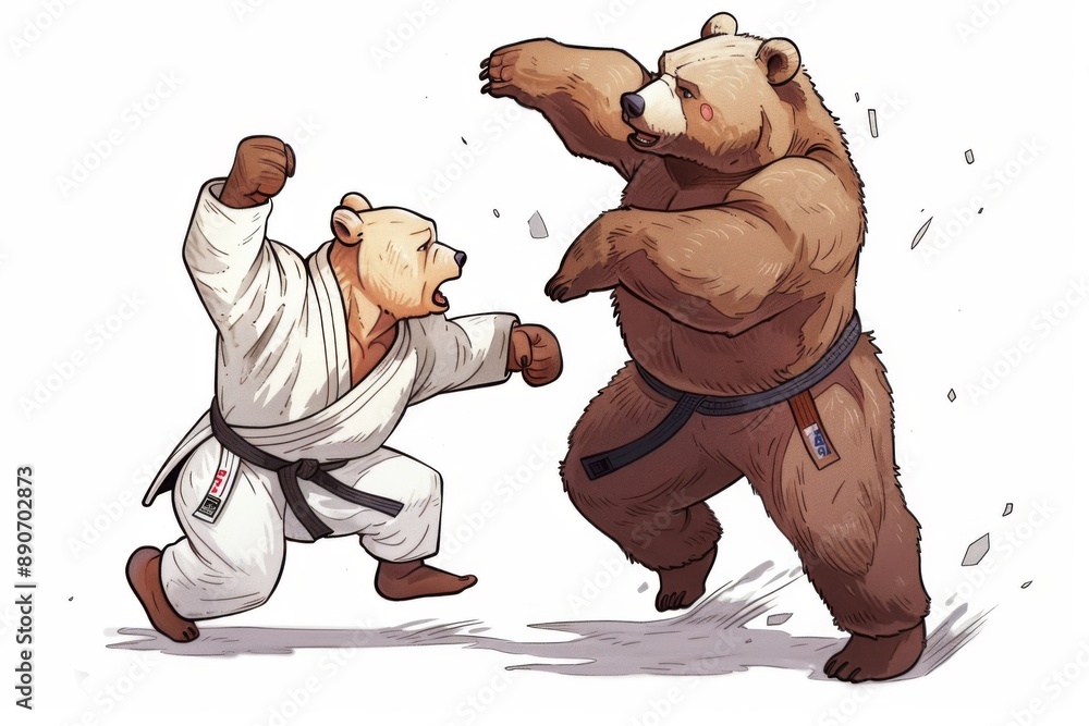 a fierce bear in a judo gi throws its opponent to the ground ...