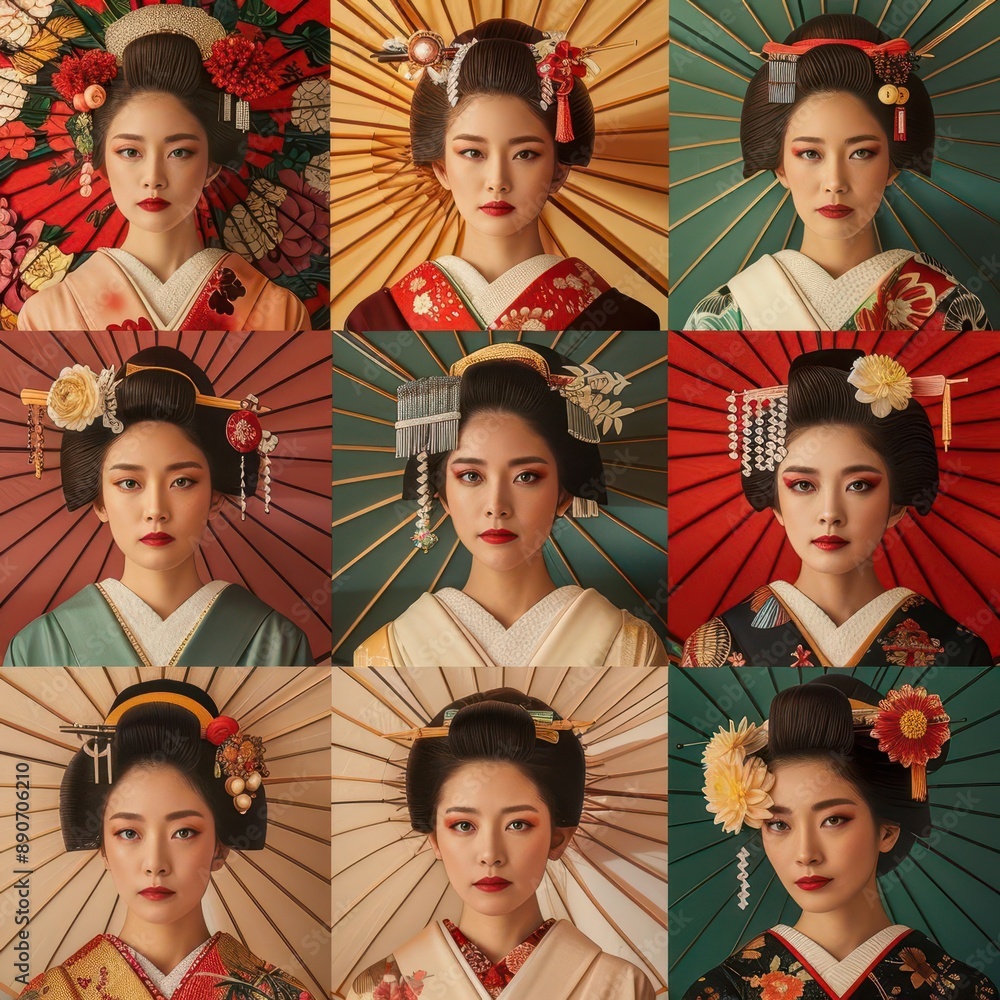 stylized portrait of diverse japanese women in traditional and modern ...