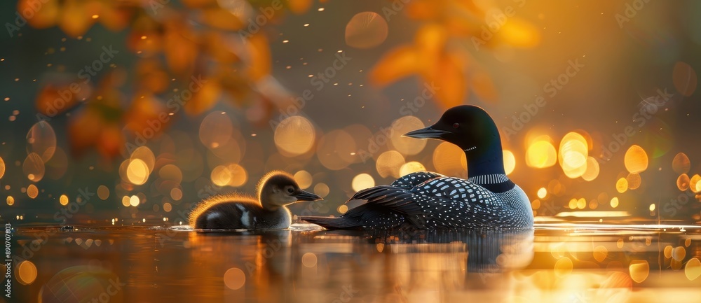 Loon with Baby on Water in Front of Abstract Green and Yellow ...