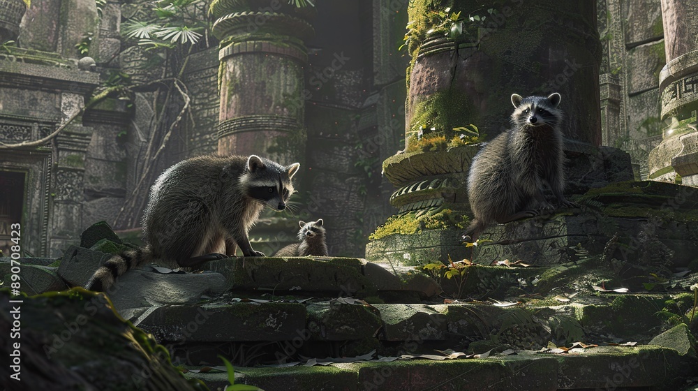 A family of raccoons exploring the ruins of an ancient stone temple ...