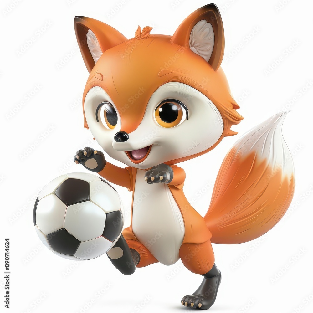 The Clipart of A cheerful 3D kawaii fox playing soccer on a white ...