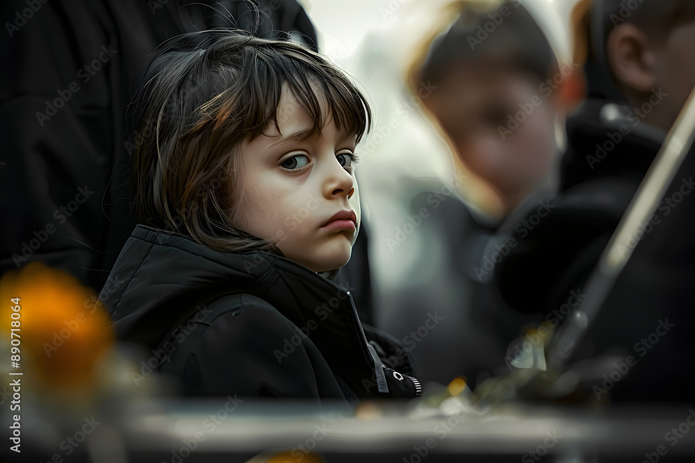 Sad child at funeral in graveyard. Coffin at cemetery for death ...