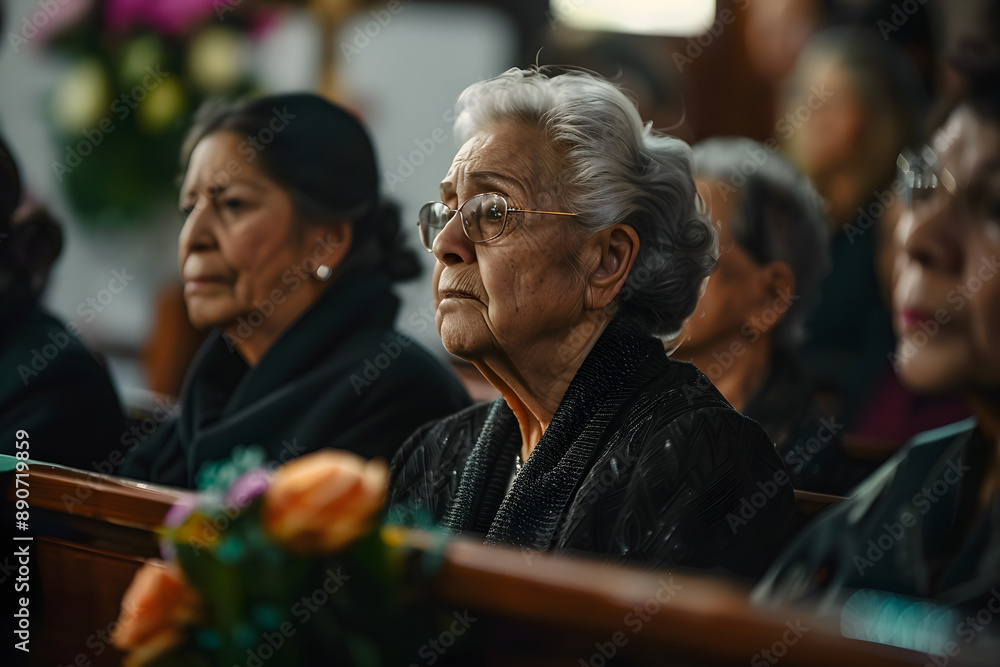 Funeral, church and people with coffin for goodbye, mourning and grief ...