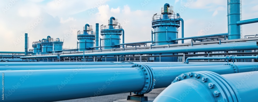 Industrial pipelines and storage tanks at a petroleum refinery under a ...