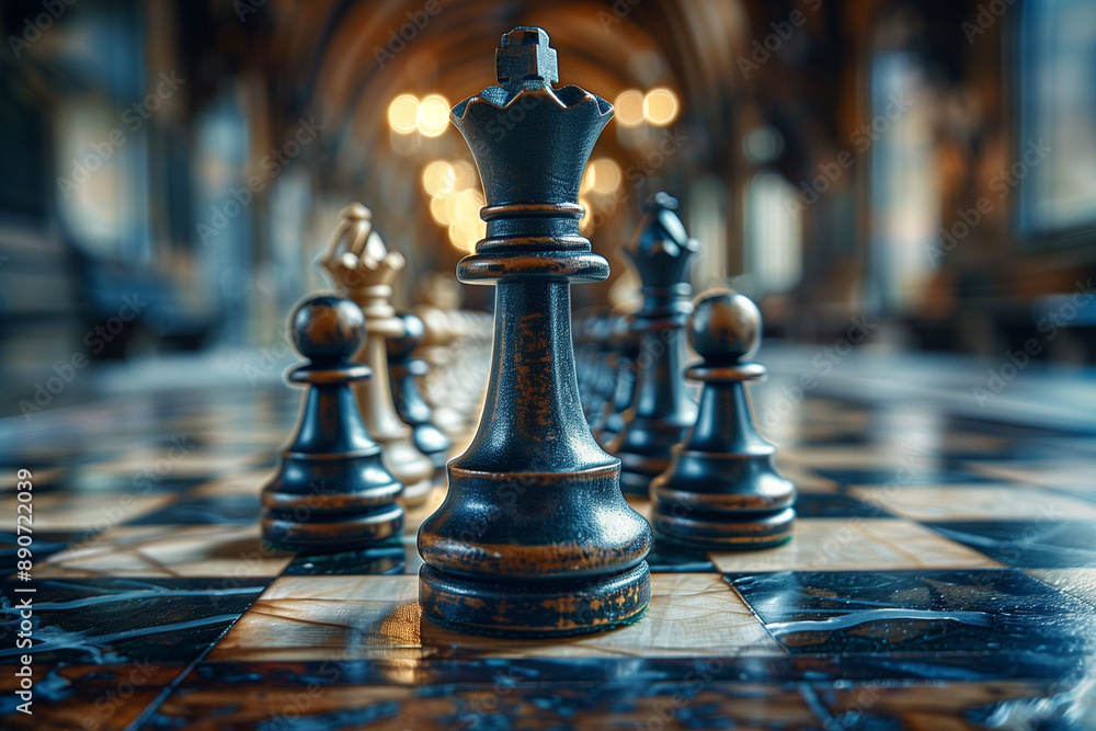 Fantasy diorama scene with chess figures. Castle hall with pawns, queen ...
