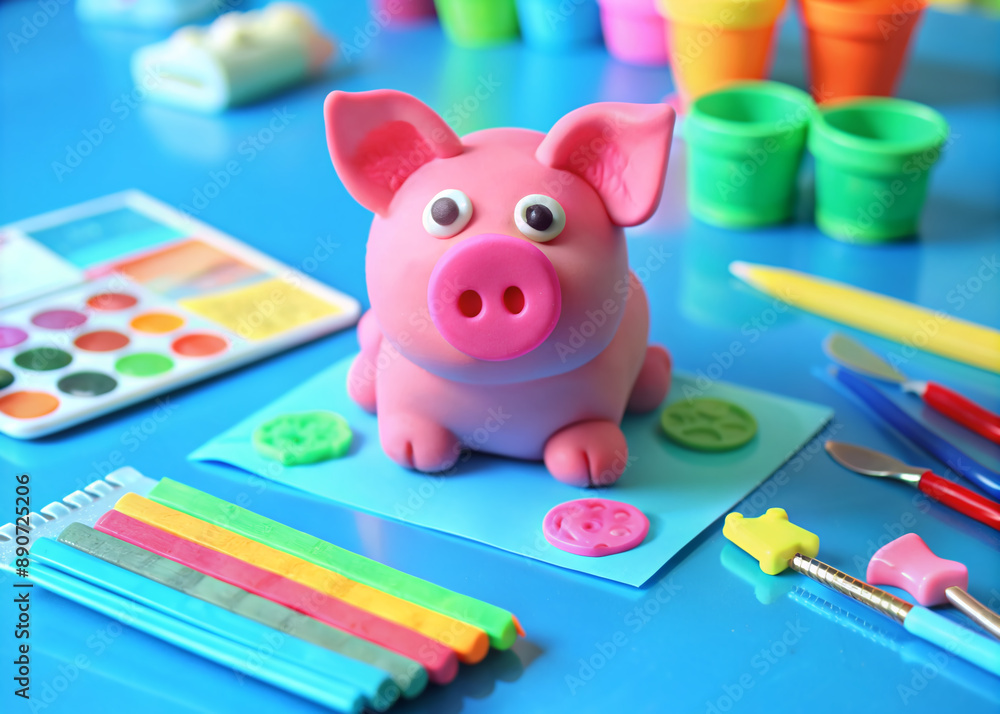Colorful plasticine pig figure with step-by-step instruction cards and ...