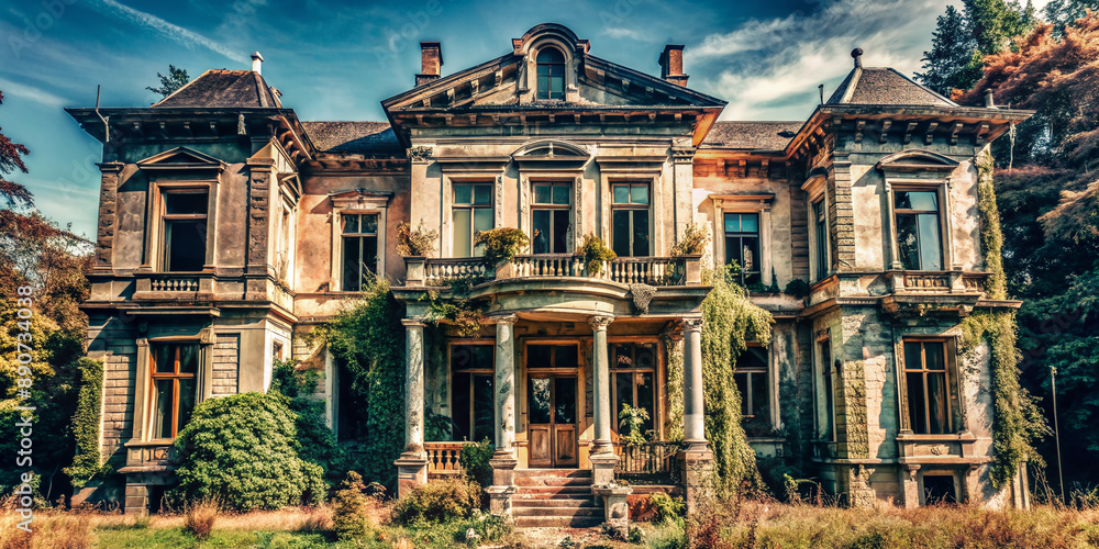Creepy old mansion with broken windows, overgrown gardens, and ...