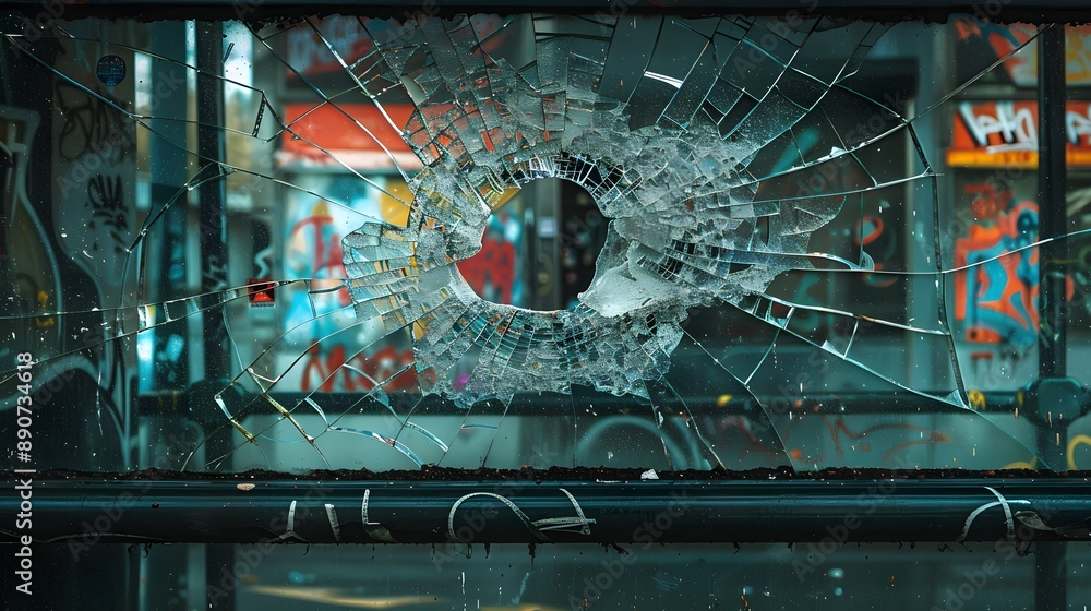 Vandalized Bus Stop Window: A broken glass pane at a bus stop, with ...