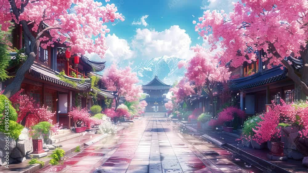 courtyard with a cherry blossom tree in bloom. The sky is blue with ...