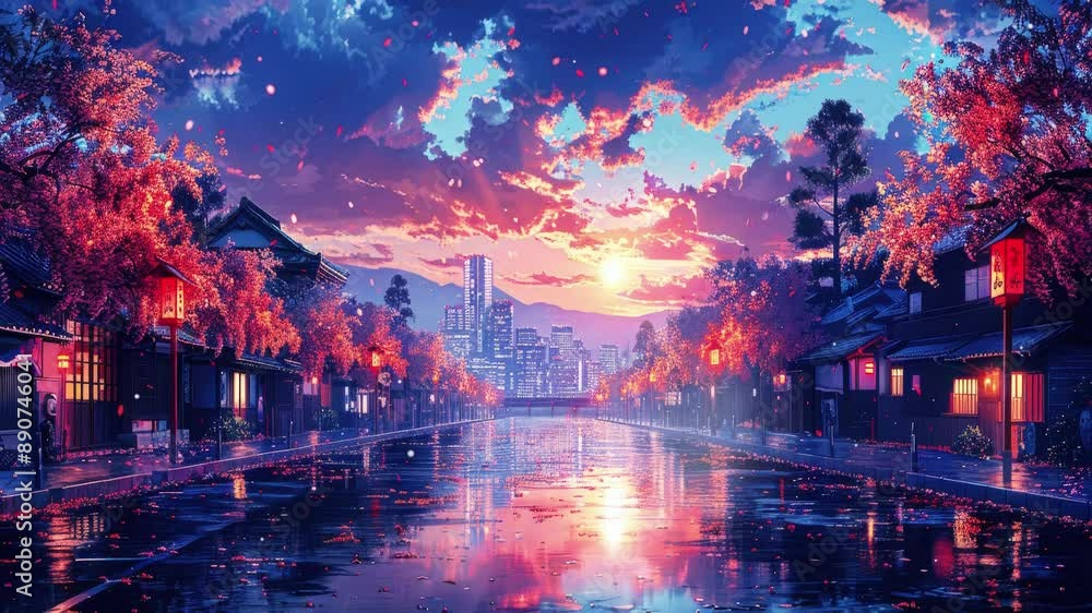 beautiful japanese city town in the evening modern and traditional ...