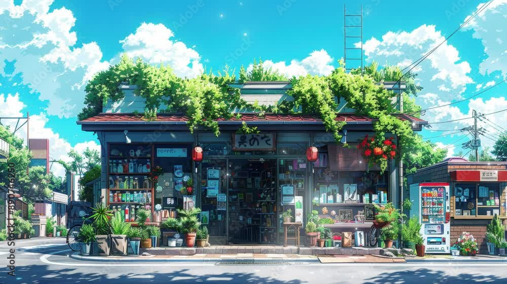 Colorful anime store front with plants and a blue sky framed by a ...