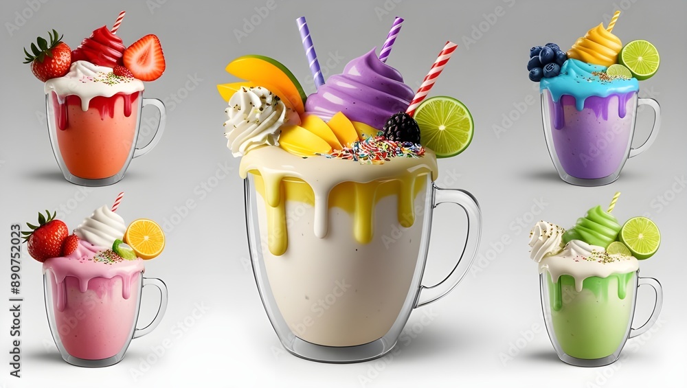 ภาพประกอบสต็อก A colorful milkshake smoothie spilling over a clear cup ...