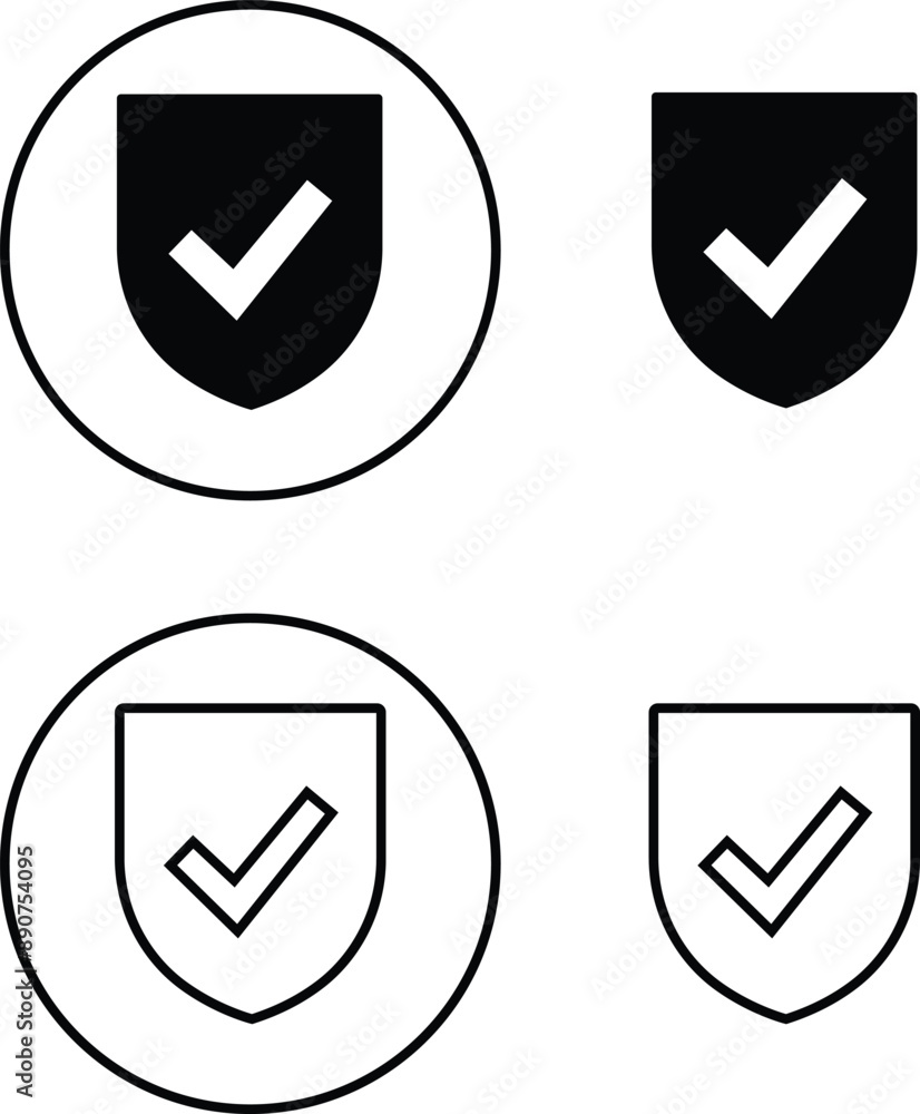 Shield with check mark icon set. Protection approve Security sign ...