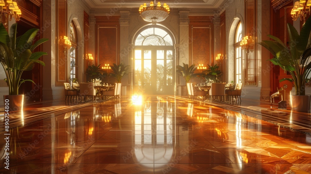 Luxurious Grand Ballroom with Elegant Chandeliers, Marble Flooring, and ...