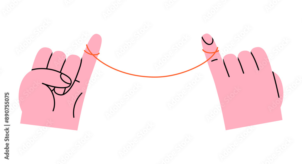 Hand drawn cute cartoon illustration two hands with red thread. Flat ...