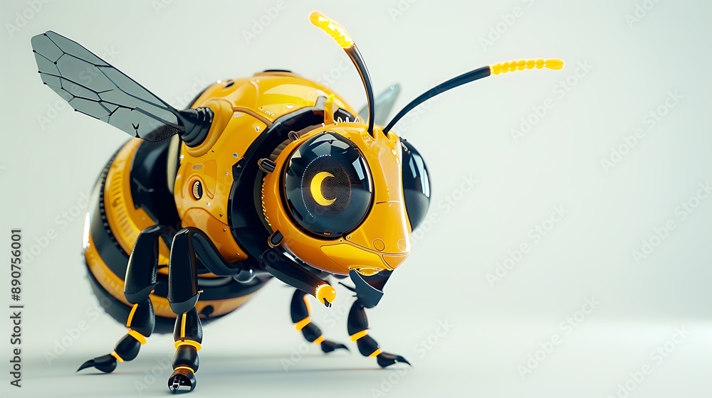 Design an image of a charming, diminutive robot bee with a shiny, cute ...