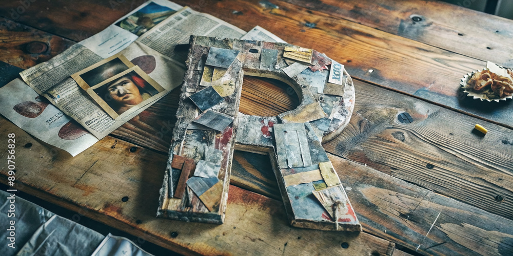Rustic wooden table holds a vibrant collage of ripped Letter R cutouts ...